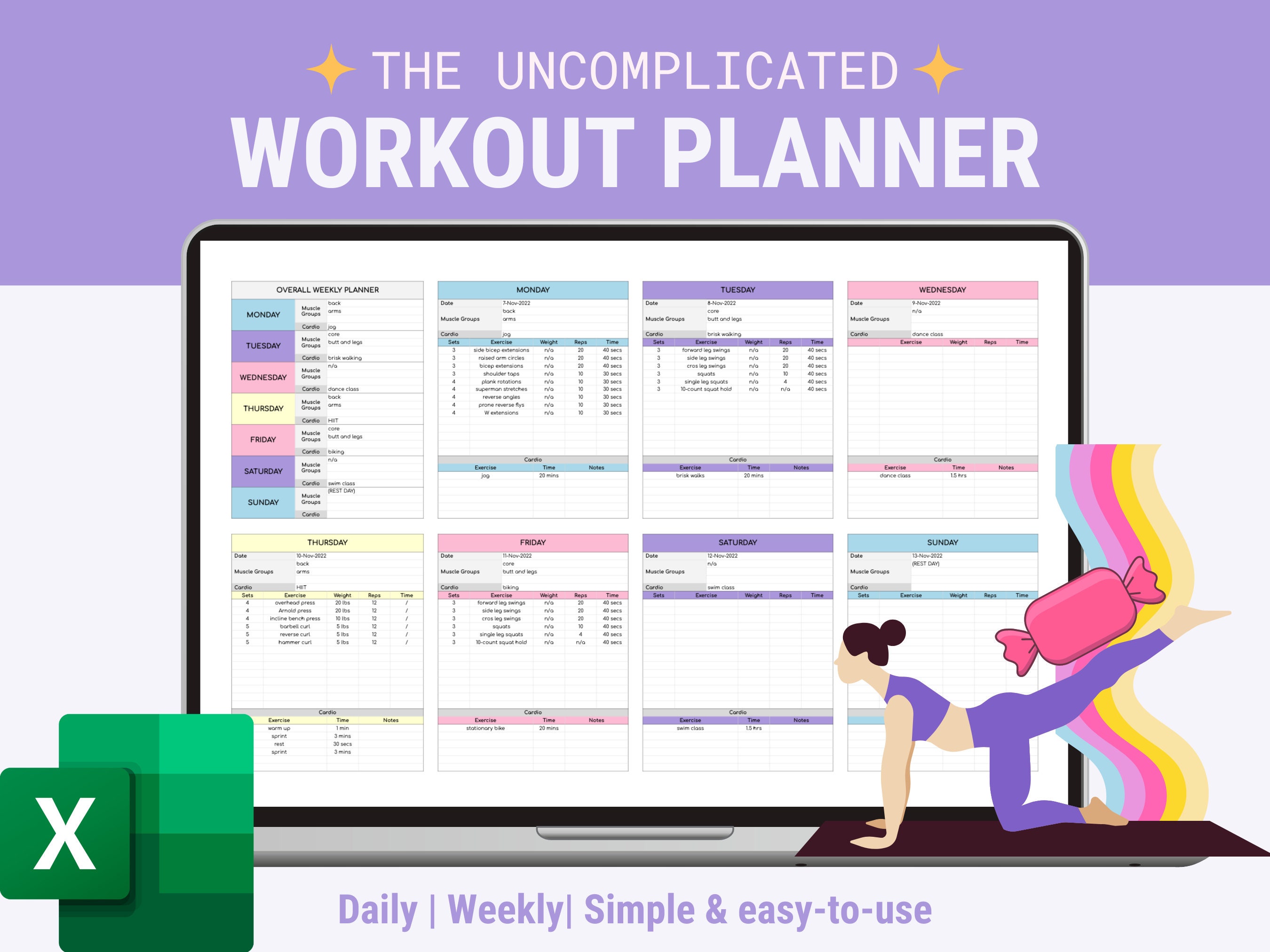 Workout Planner Spreadsheet, Weekly Workout Planner for Excel,daily ...