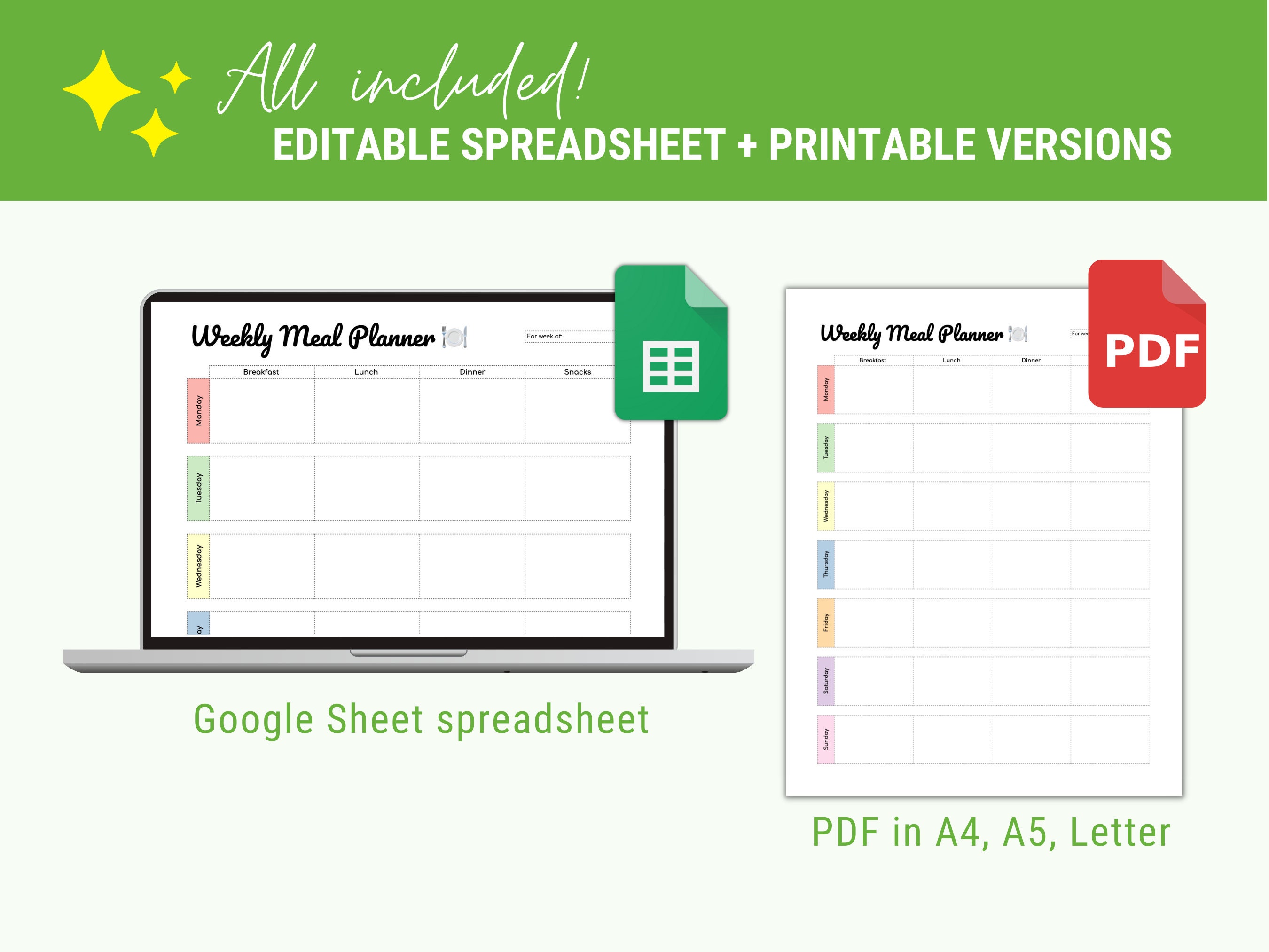 Weekly Meal Planner Digital, Grocery List Google Sheets, Printable Meal ...
