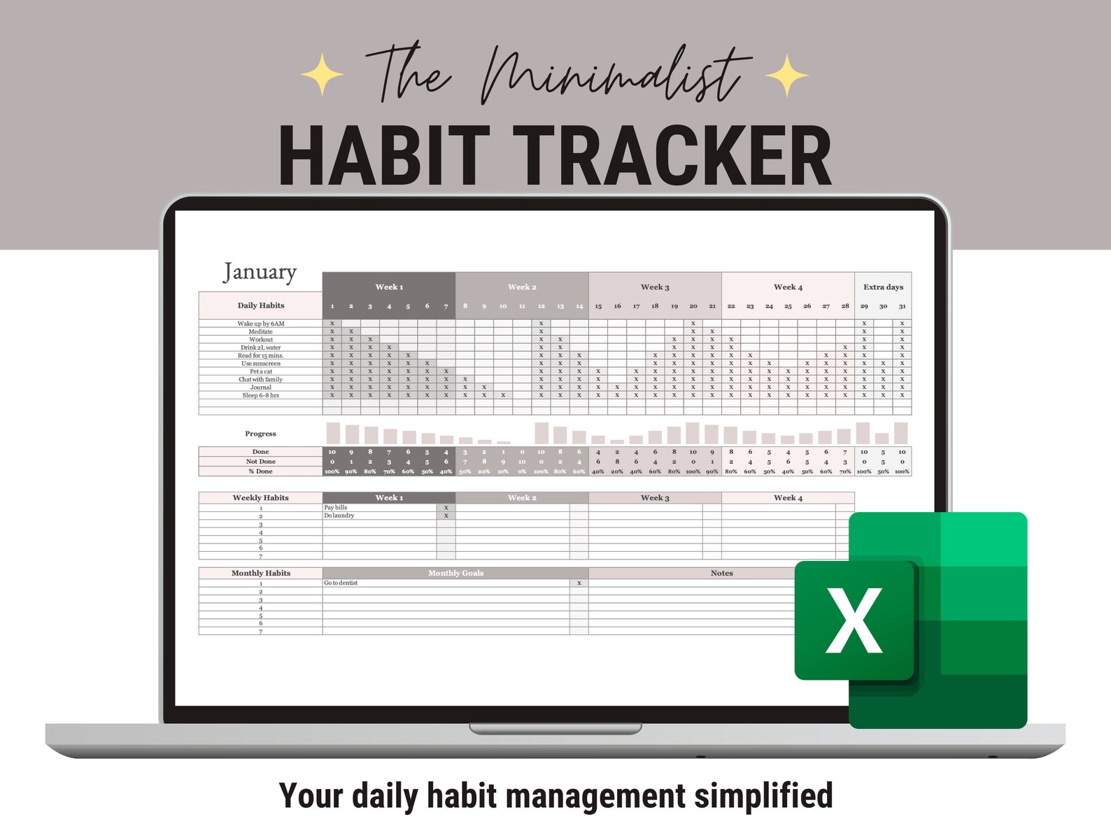 Habits Tracker for MS Excel, 2024 Habit Tracker Spreadsheet, Habit ...