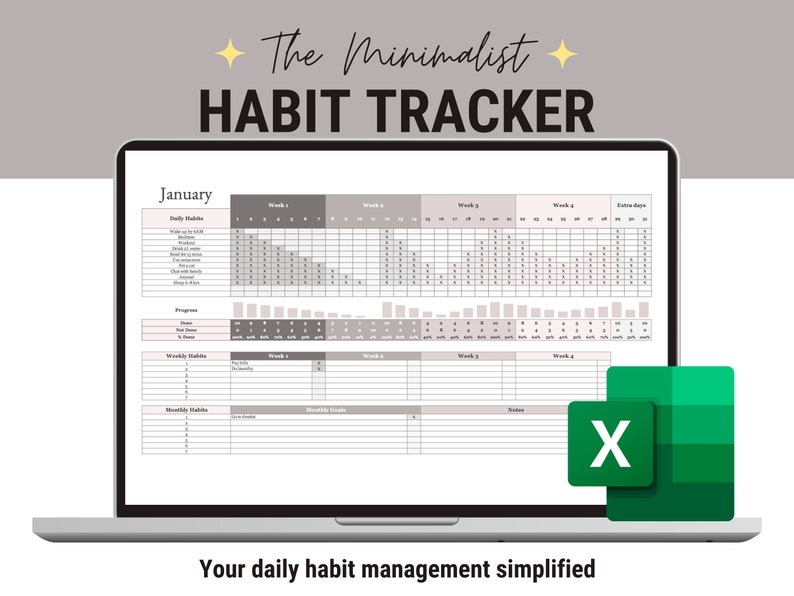 Habits Tracker for MS Excel, 2024 Habit Tracker Spreadsheet, Habit ...