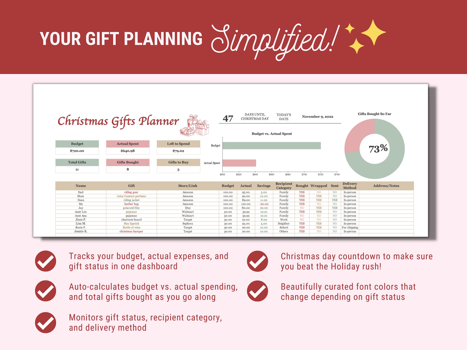 Holiday Digital Planner, Christmas Gifts Planner MS Excel, Holiday ...
