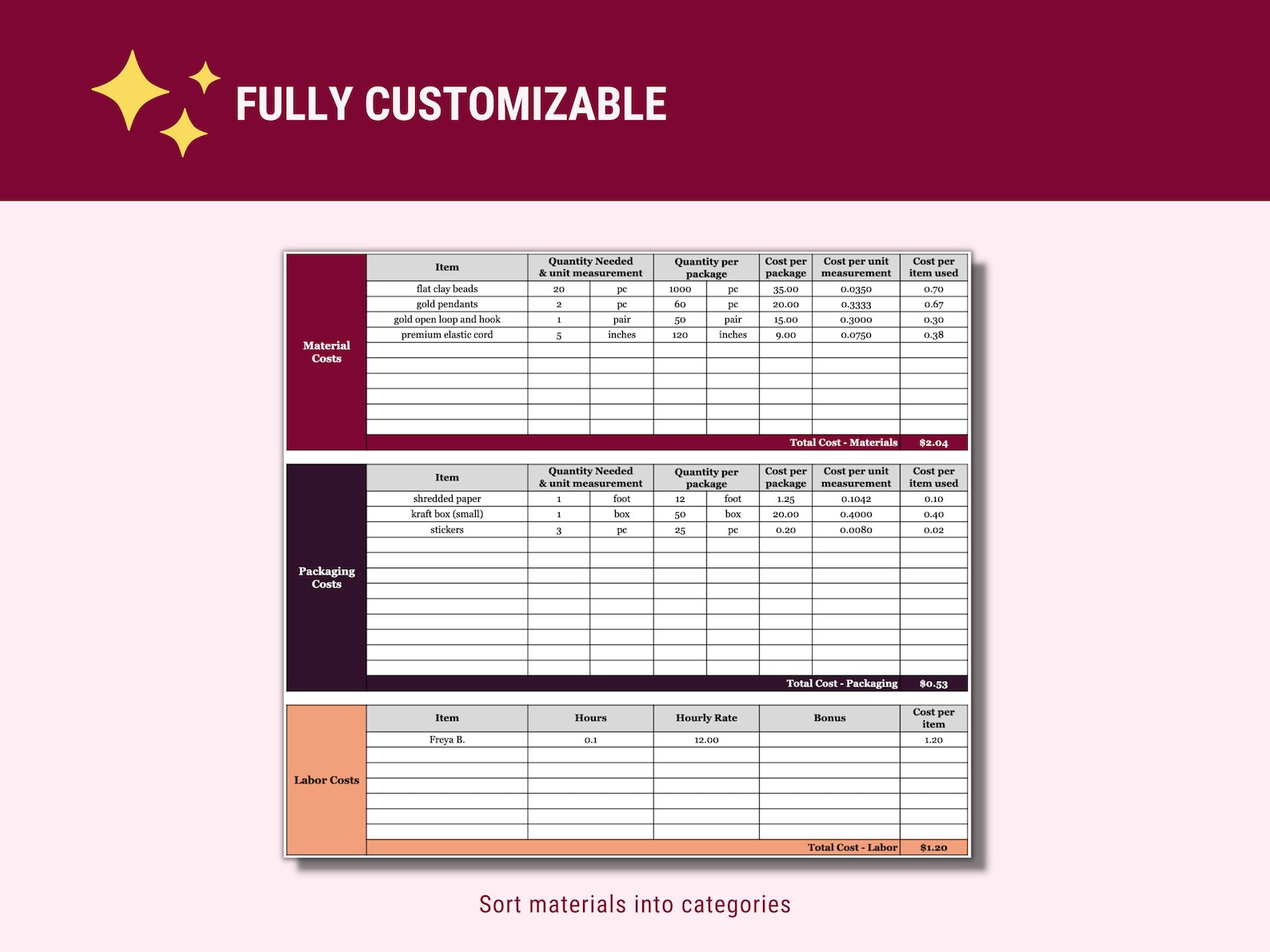 Product Cost Calculator, Spreadsheet Template for MS Excel, Product ...
