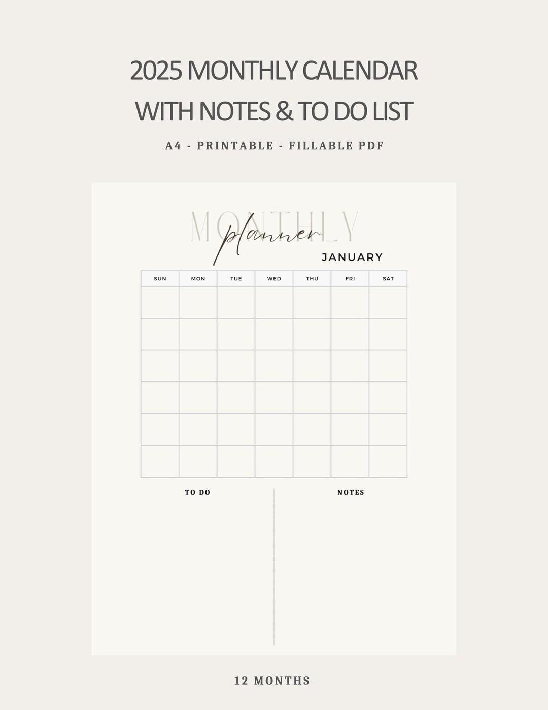 2025 Printable Calendar Monthly Planner With Notes and to Do List A4 ...