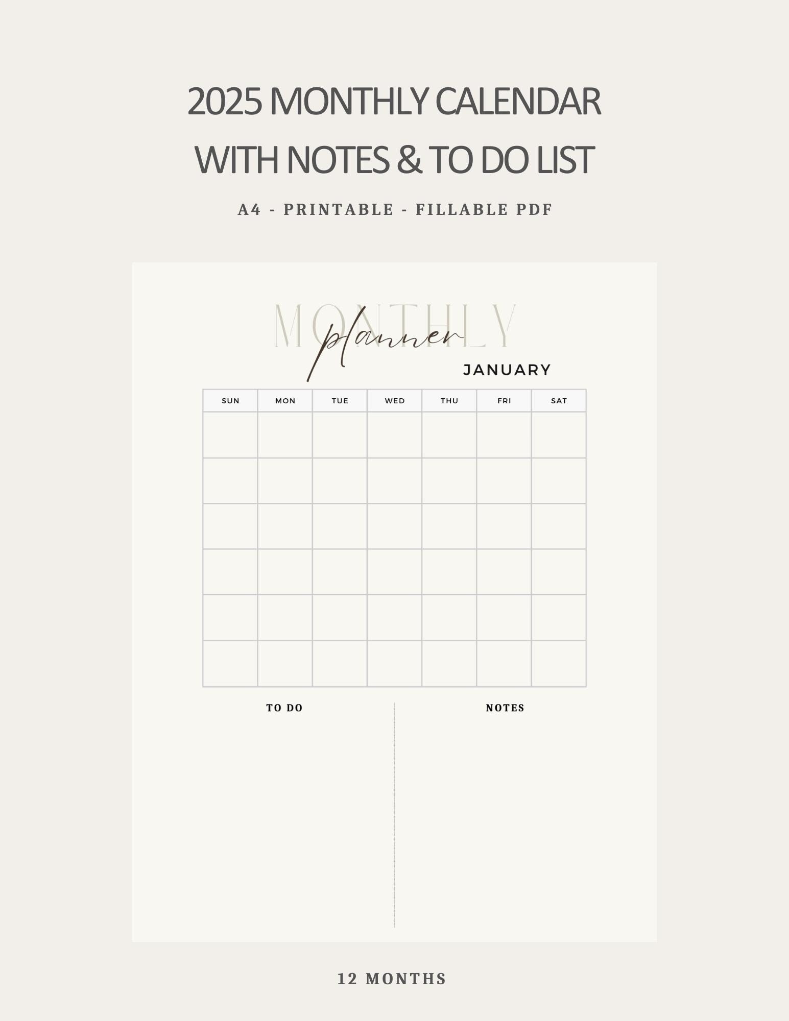 2025 Printable Calendar Monthly Planner With Notes and to Do List A4 ...