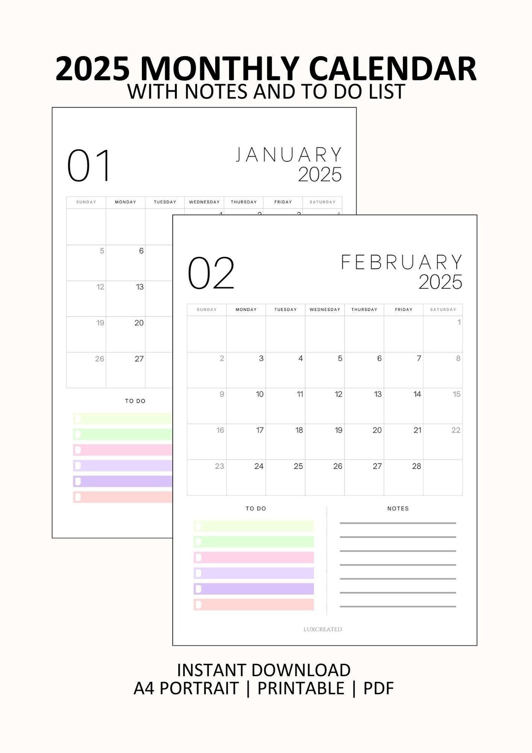 2025 Printable Calendar Monthly Planner With Notes and to Do List A4 ...