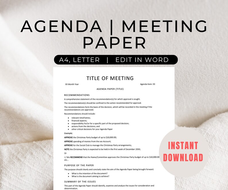 Meeting Paper, Agenda Paper, Word Template, Board Meeting, Business ...