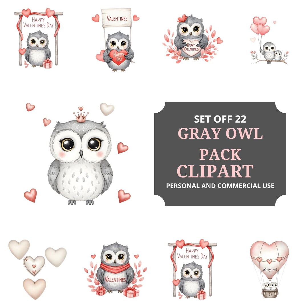Gray Owl Clipart Set | Valentine’s Day PNG Clipart, Love & Romantic ...