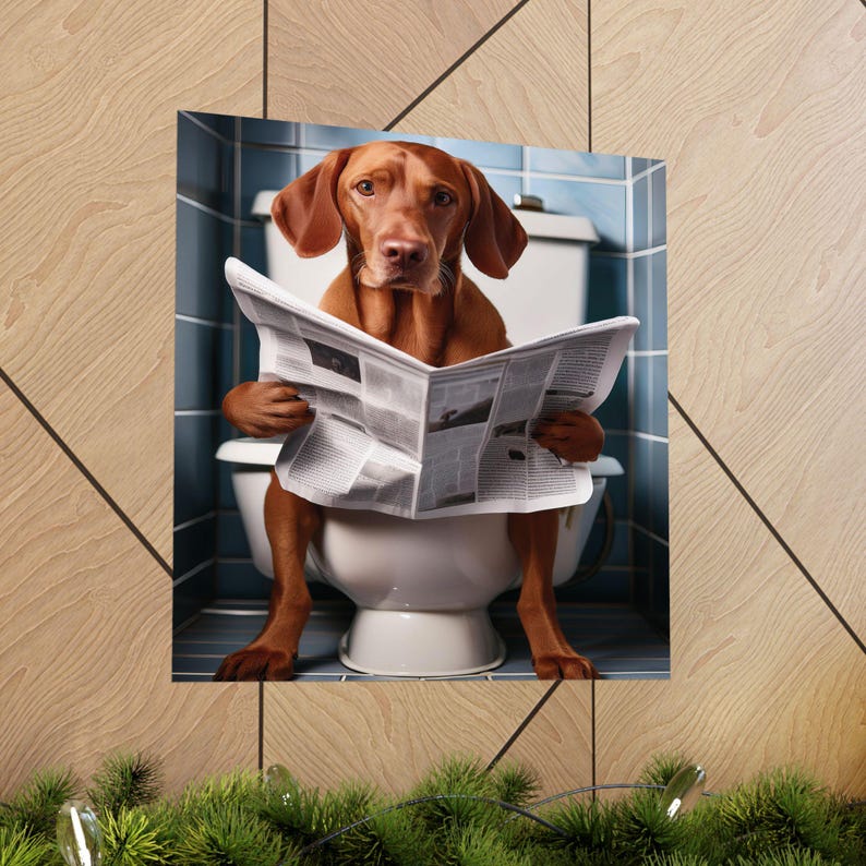 Poster Funny Vizsla on the Toilet Reading Newspaper, Pet Dog Lover ...