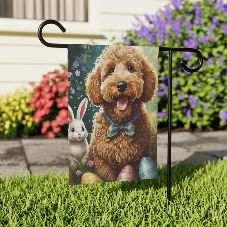 Goldendoodle Dog and Bunny Garden & House Banner Flag, Easter Cute Dog ...