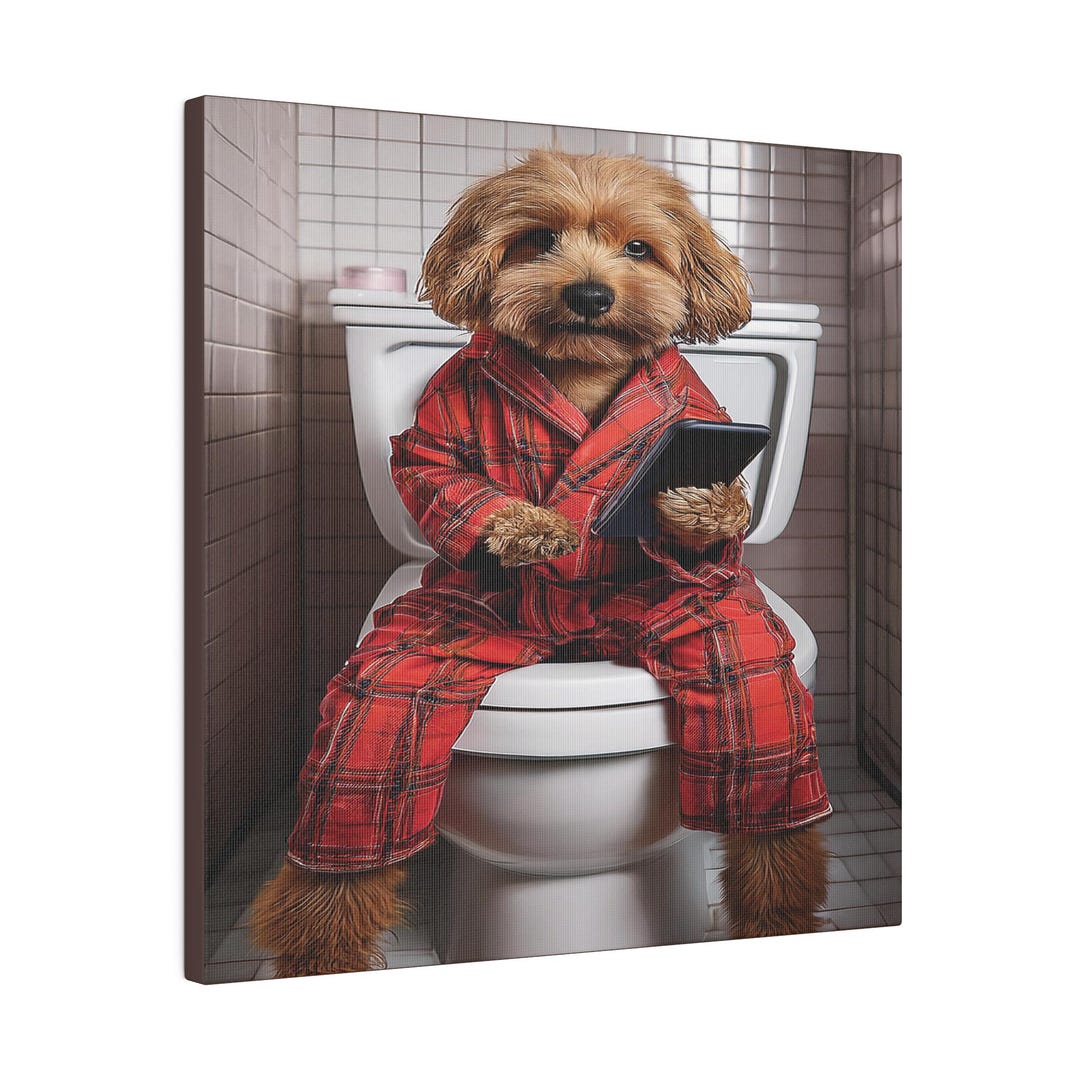 Canvas Funny Cockapoo Dog Sitting on Toilet With Red Tartan Pajamas and ...