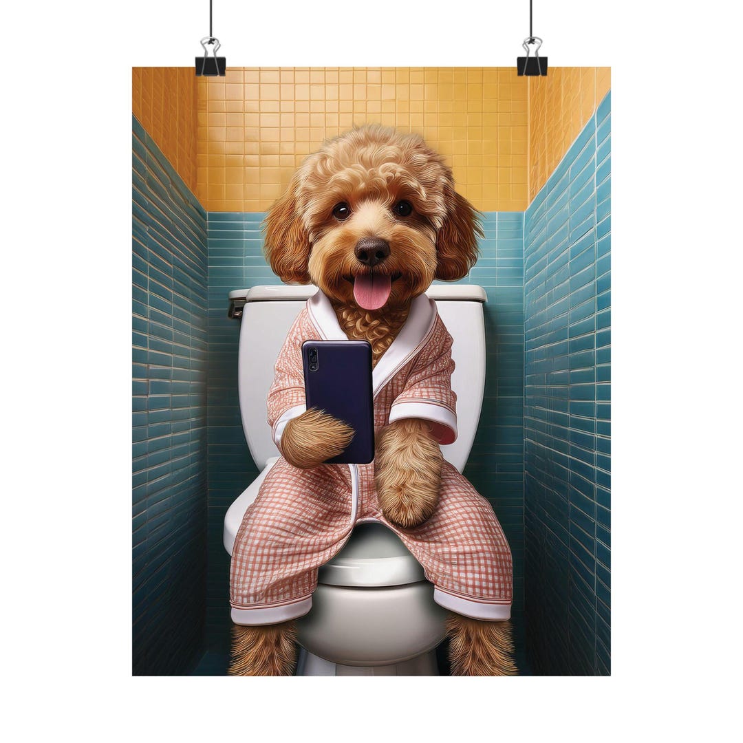 Poster Funny Cockapoo Dog Sitting on Toilet With Pajamas and Mobile ...