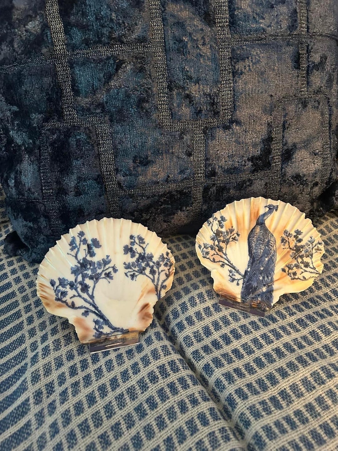 Decorative Shells With Peacock Motif – Handmade Blue White – Unique Art ...