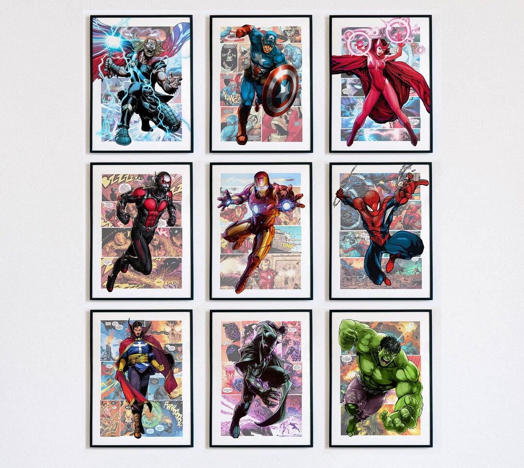 Set of 9 Avengers Superhero Posters: Printable Comic Art (digital ...