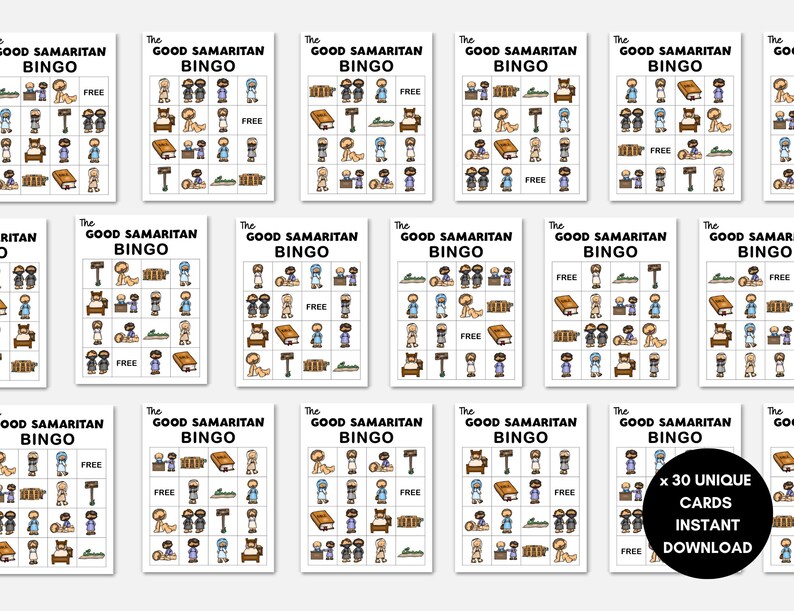 Parable of the Good Samaritan, 30 Bible Story Bingo Cards, Printable ...