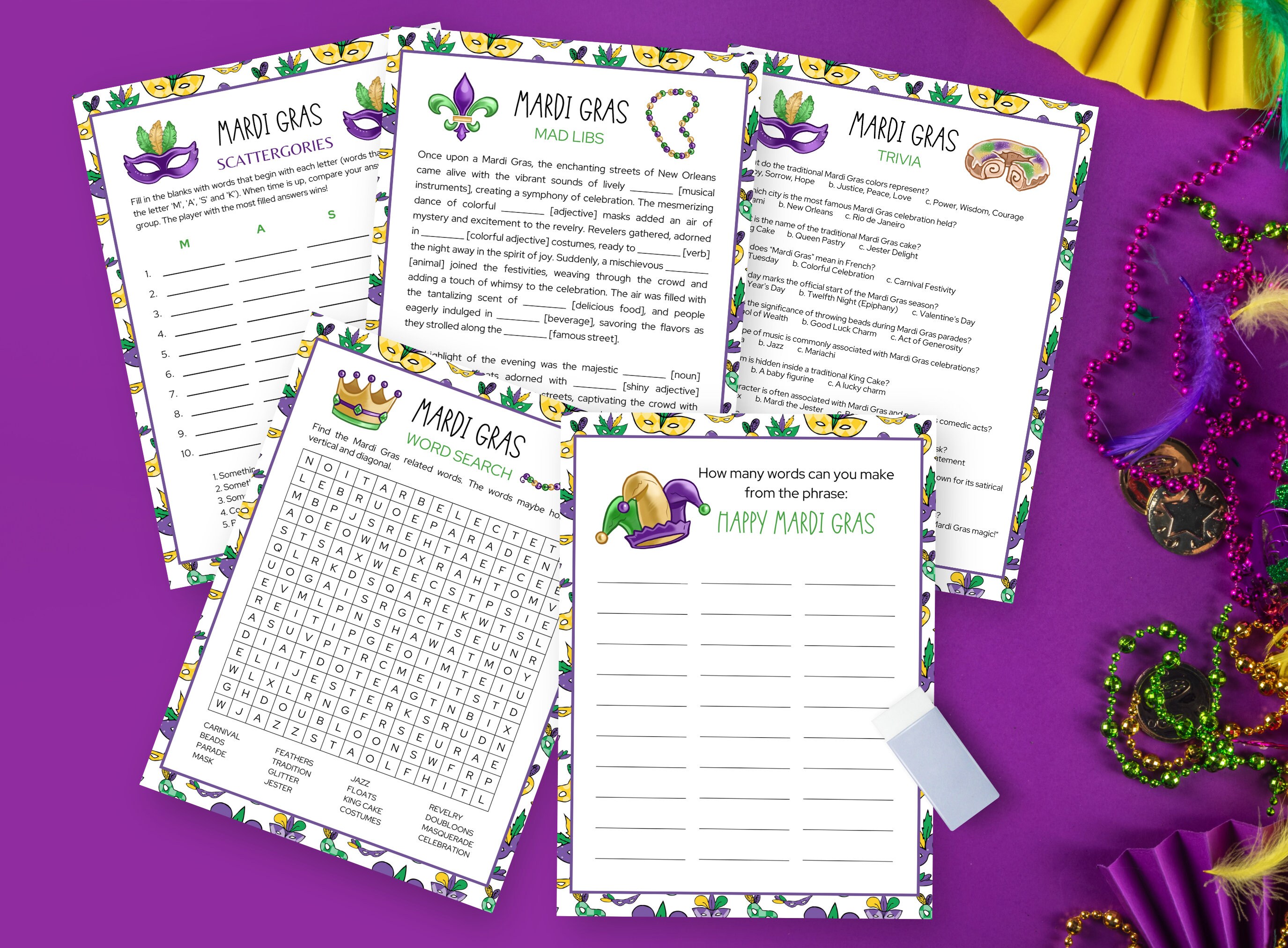 Mardi Gras Games, Fun Mardi Gras Printables for Kids and Adults, New ...