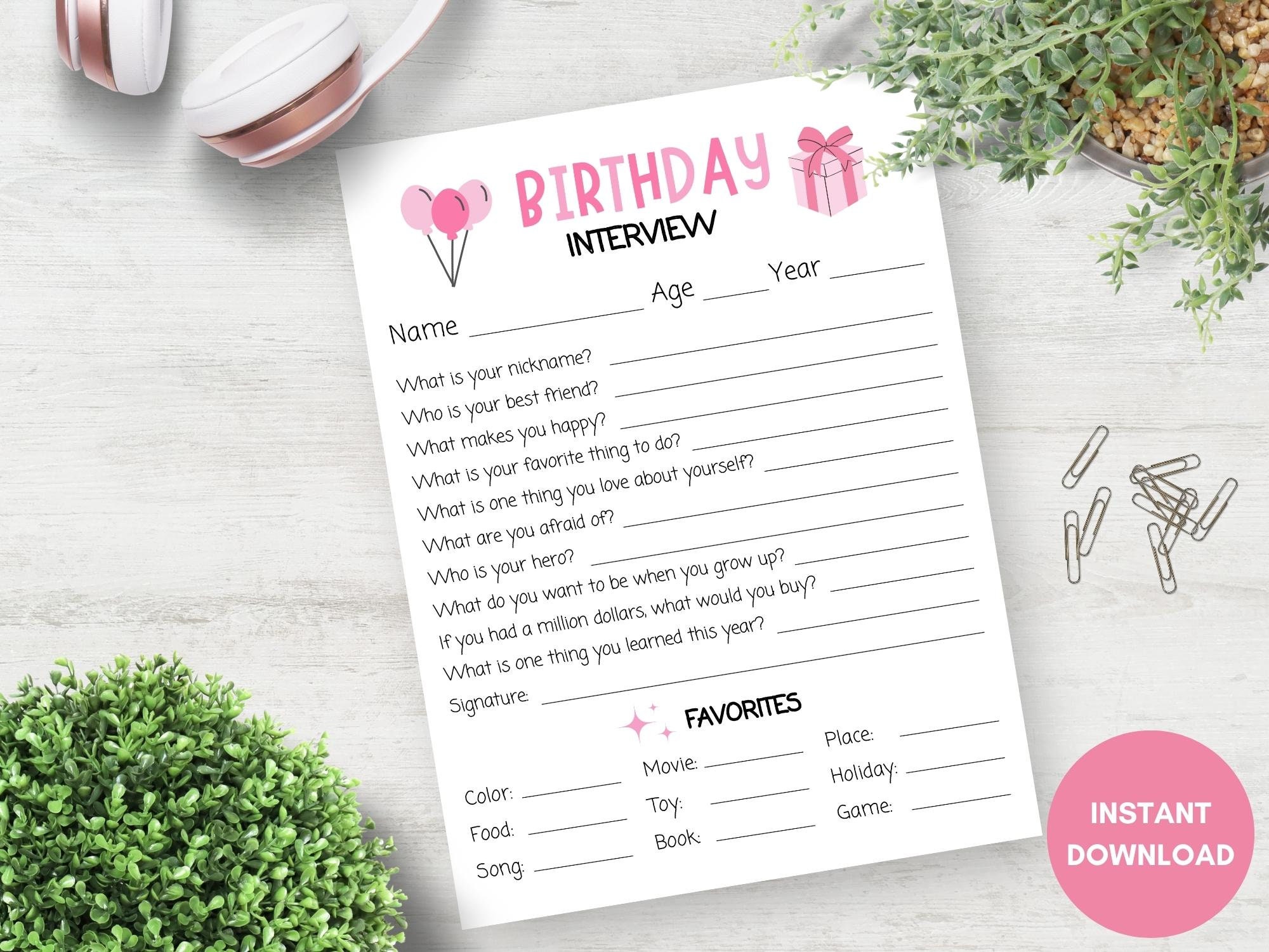 Pink Kids Birthday Interview, All About Me, Annual Interview Questions ...