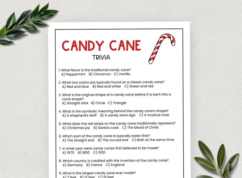 Candy Cane Trivia, Printable Christmas Food Trivia, Holiday Party Game ...