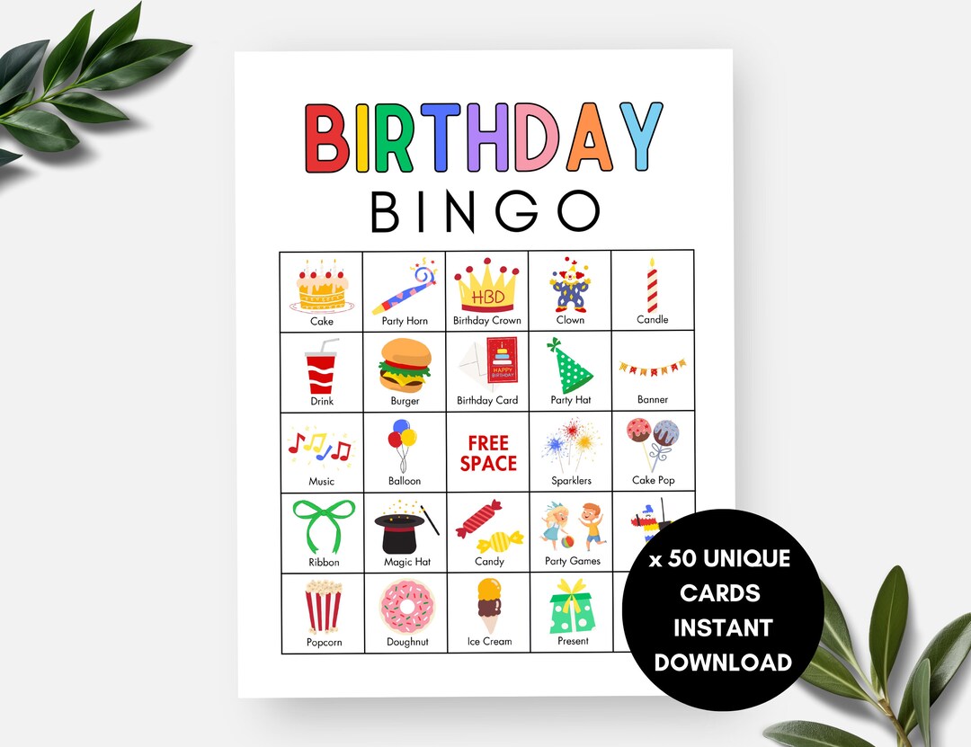 Bingo de cumpleaños, 50 tarjetas de bingo de cumpleaños coloridas ...