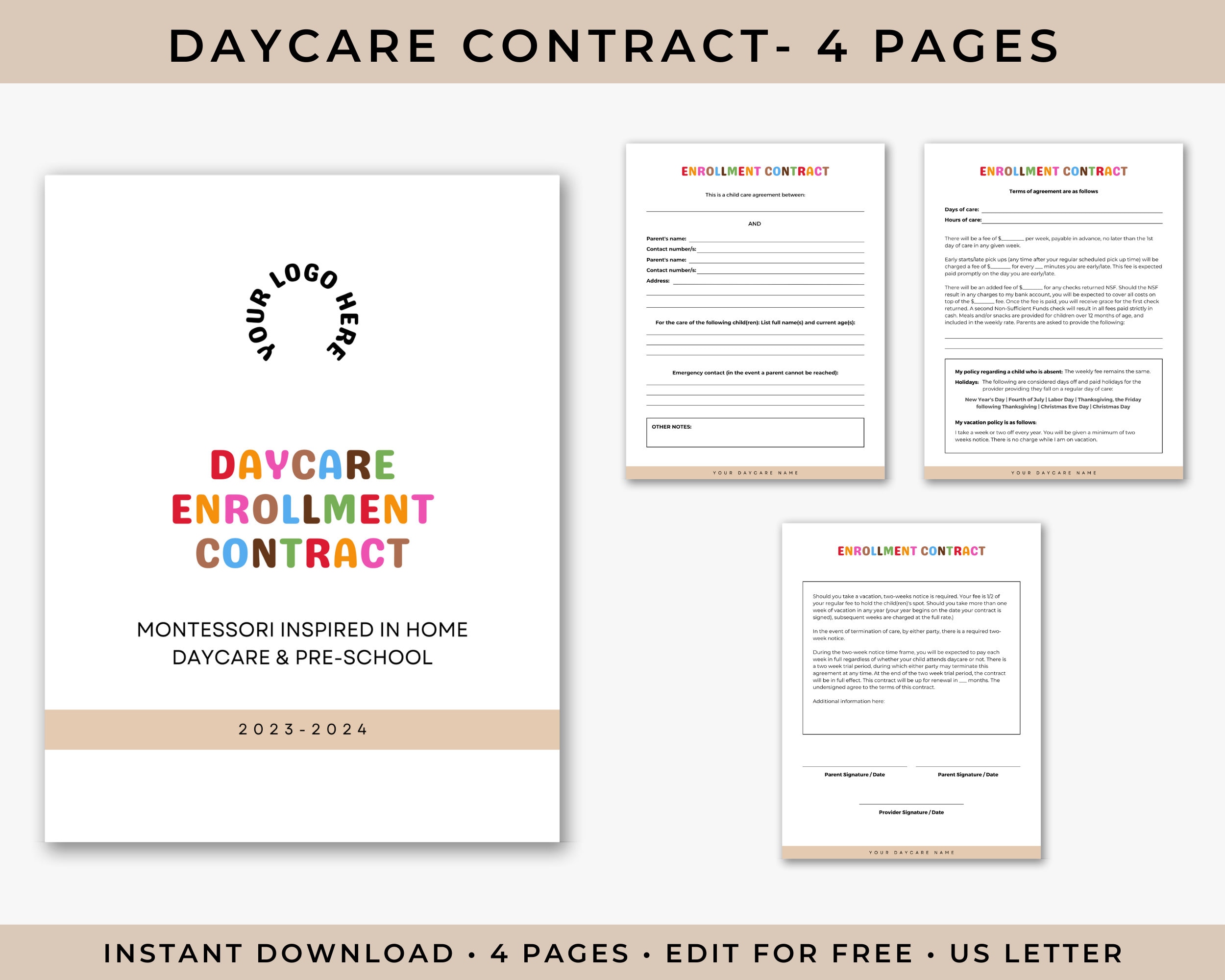 Daycare Contract, Child Care Contract, Daycare Paperwork, Printable ...