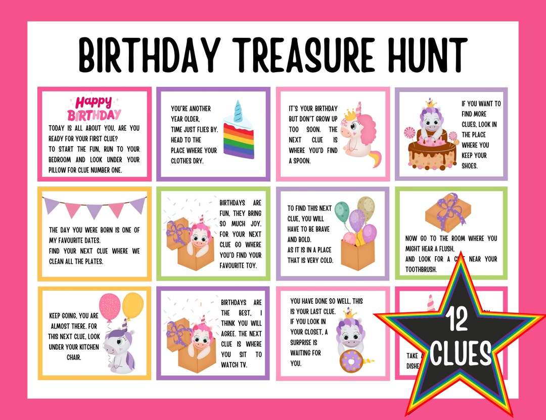 Unicorn Birthday Scavenger Hunt for Kids, Birthday Treasure Hunt ...