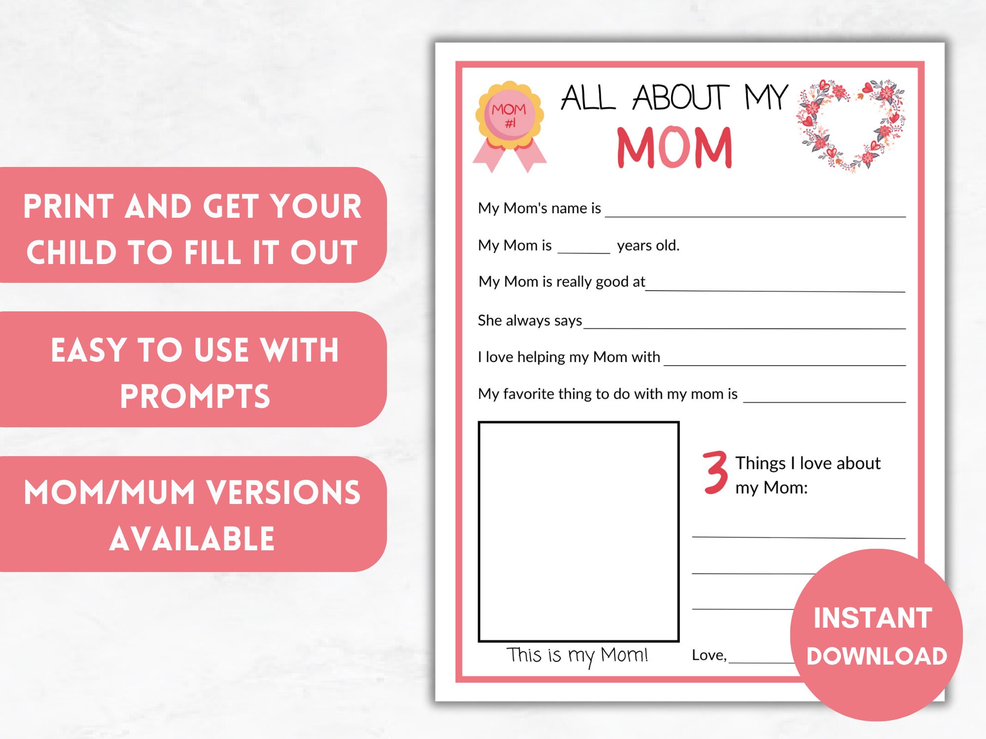 All About My Mom Printable, All About Mum Keepsake, Fill in the Blank ...