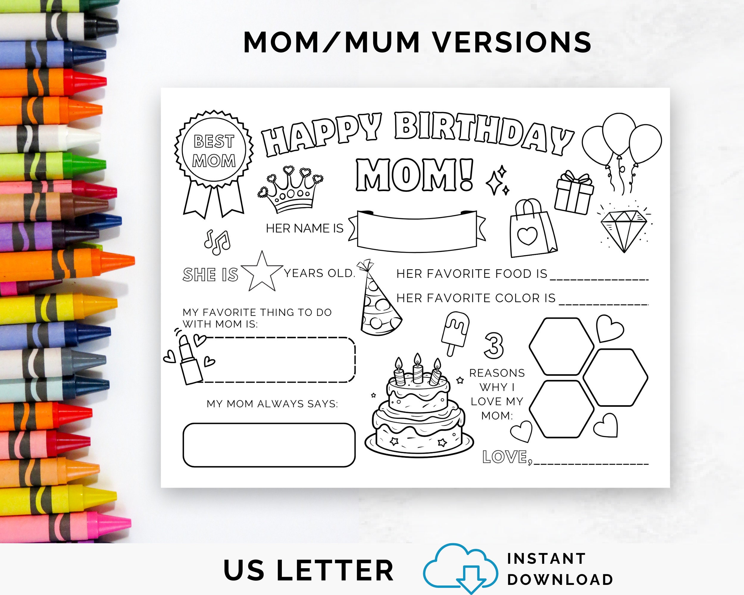 Happy Birthday Mom Coloring Page, All About My Mum Fill in the Blanks ...