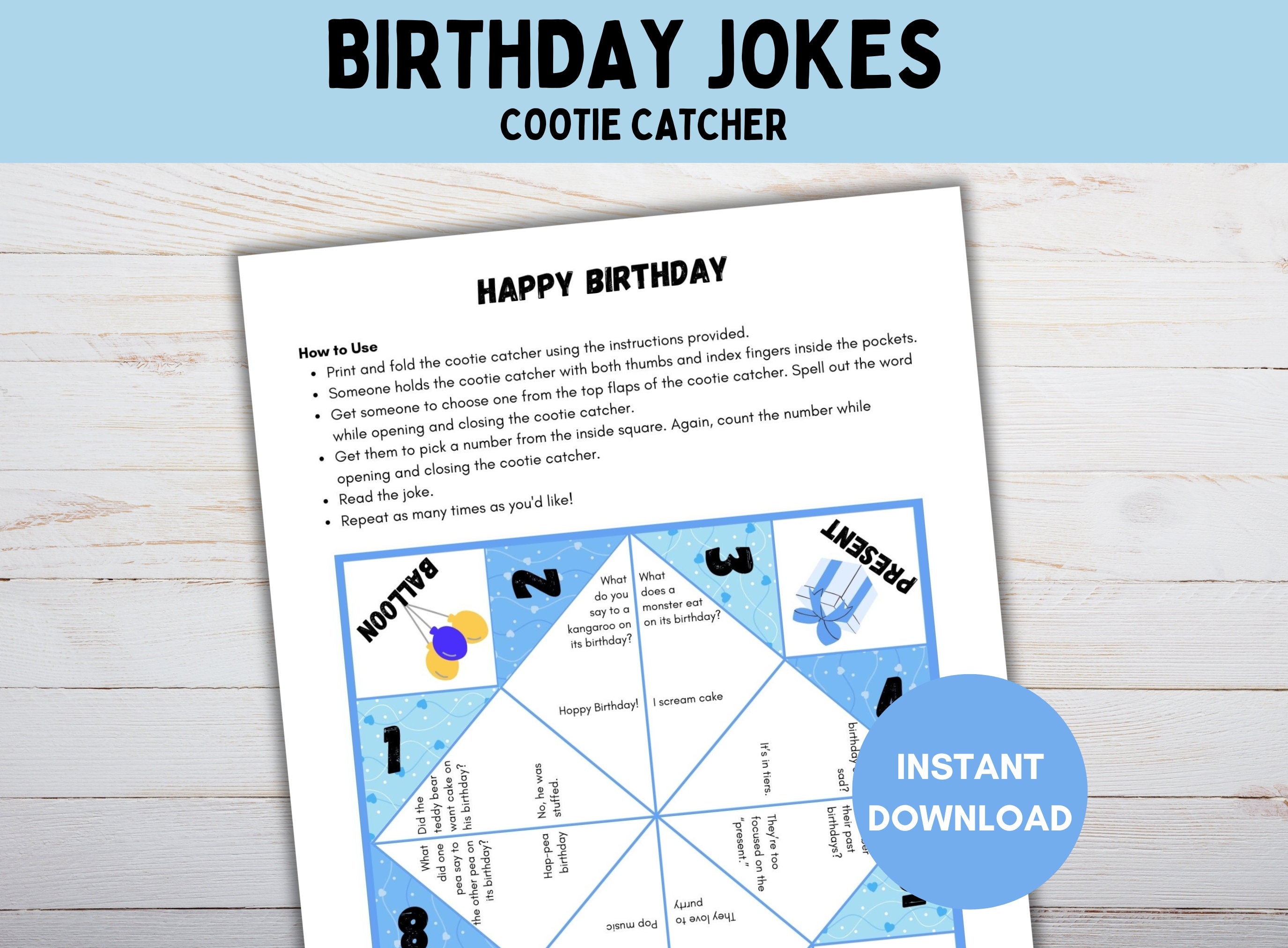 Birthday Jokes Cootie Catcher, Printable Paper Craft, Funny Fortune ...