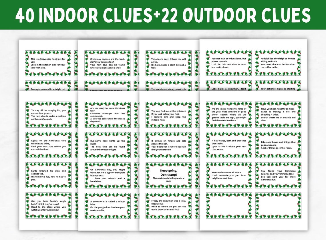 Indoor and Outdoor Christmas Scavenger Hunt Game, Printable Treasure ...