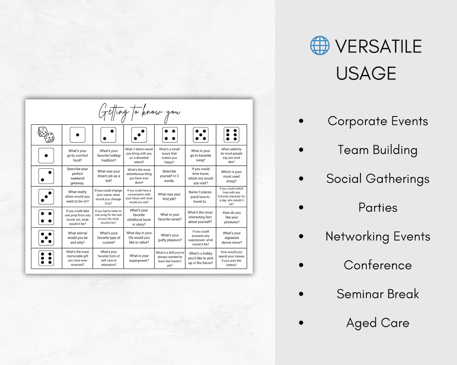 Printable Icebreaker Game, Get to Know You, Roll and Tell Dice Game ...