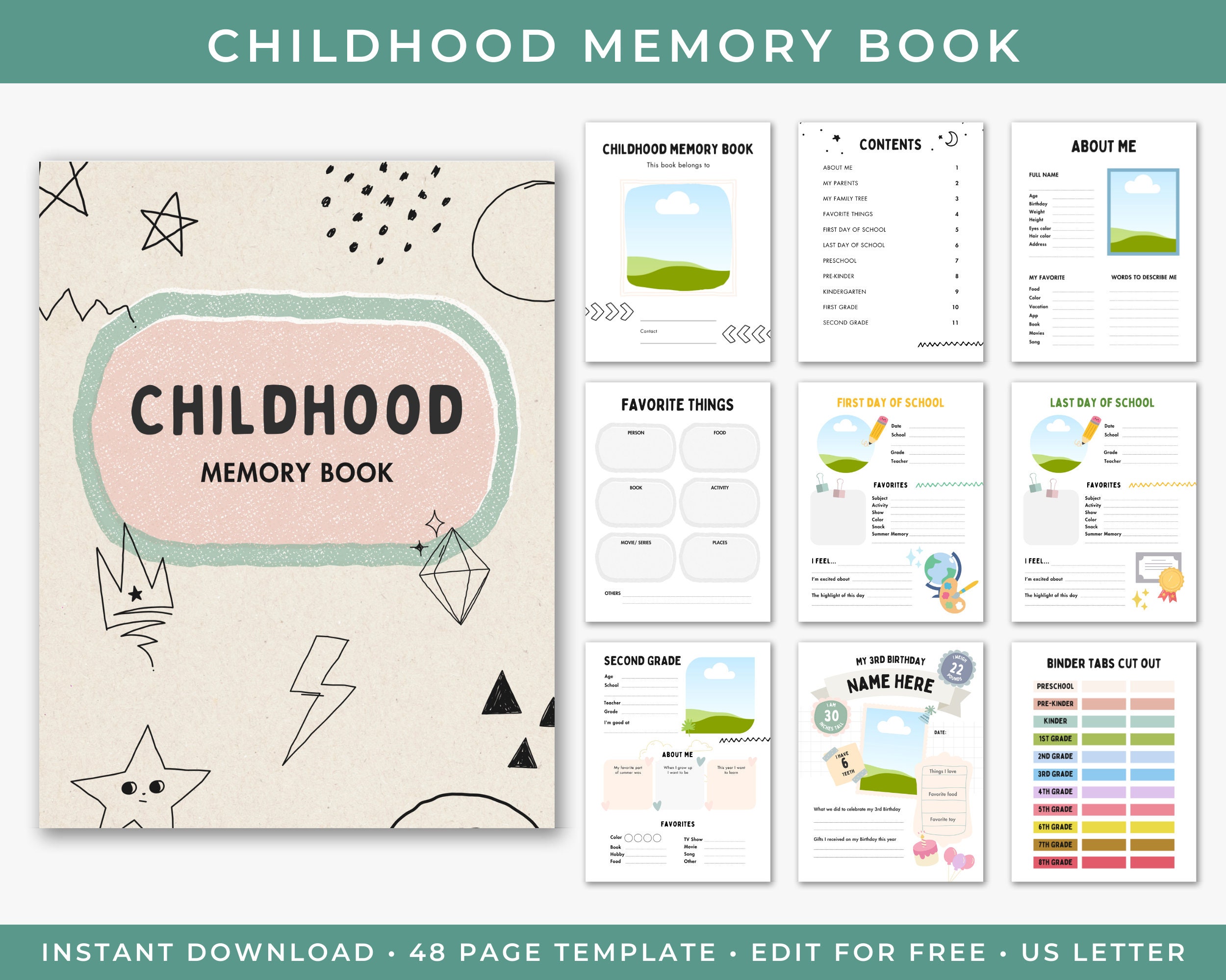 Childhood Memory Book, Editable Kids Keepsake Journal, Printable Back ...