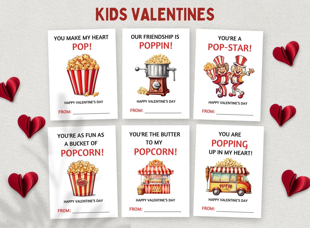 Printable Popcorn Valentine's Day Cards, School Valentine Gift Tags ...