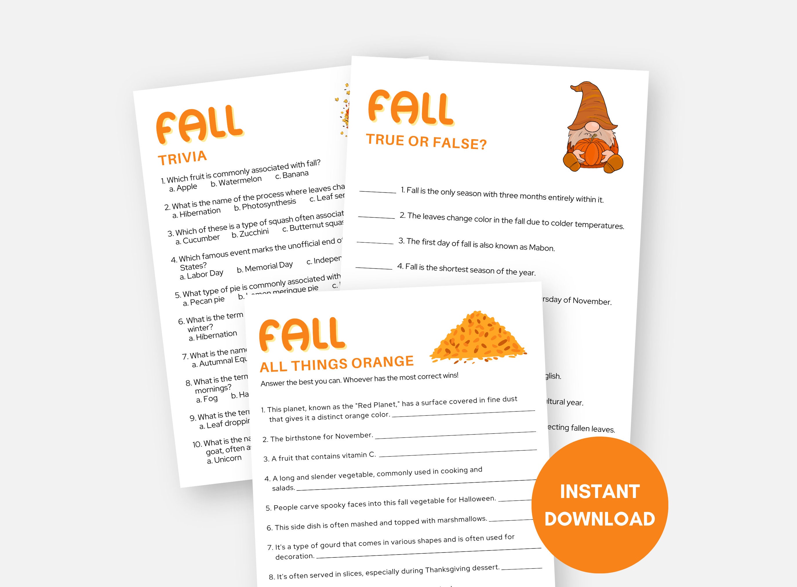3 Fall Trivia Games, Printable Autumn Games, Fun Fall Theme Party Games ...