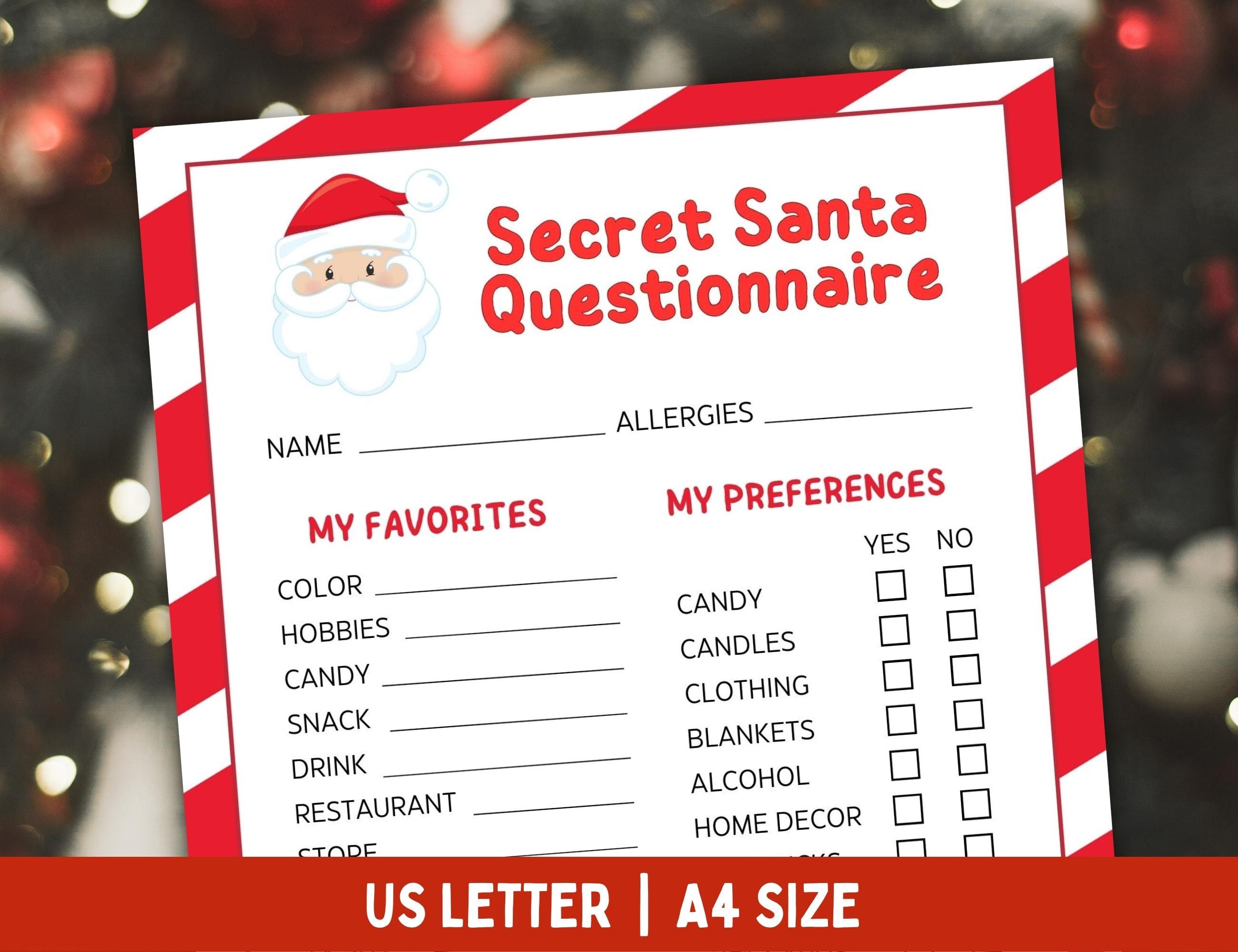 Printable Secret Santa Questionnaire, Christmas Gift Exchange, Secret ...