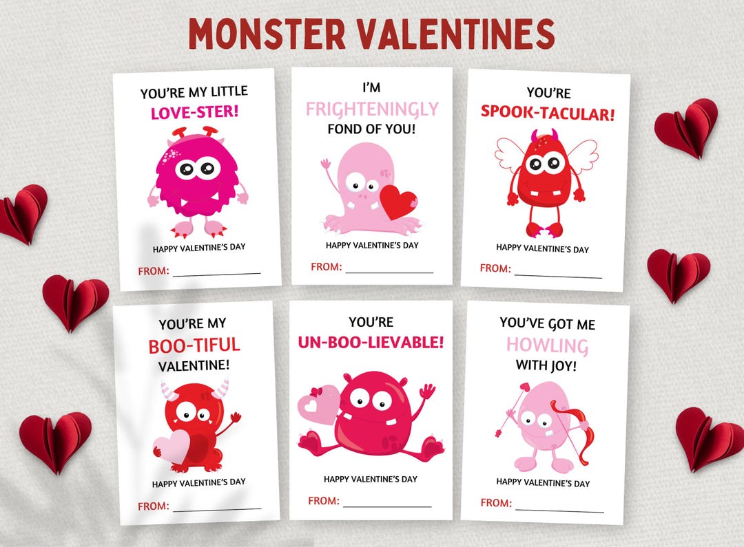 Monster Valentines, Printable Spooky Classroom Valentines, Student Gift ...