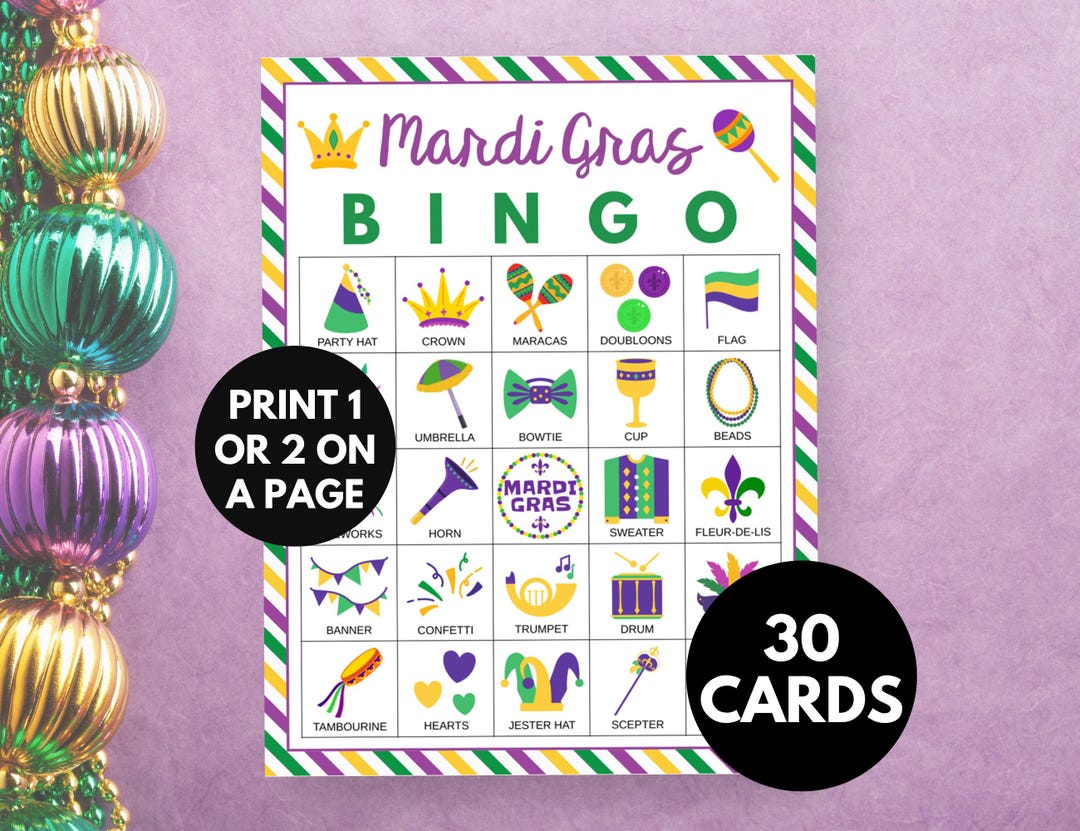 Mardi Gras Bingo, 30 Bingo Cards, Carnival Party Game, Office Party ...
