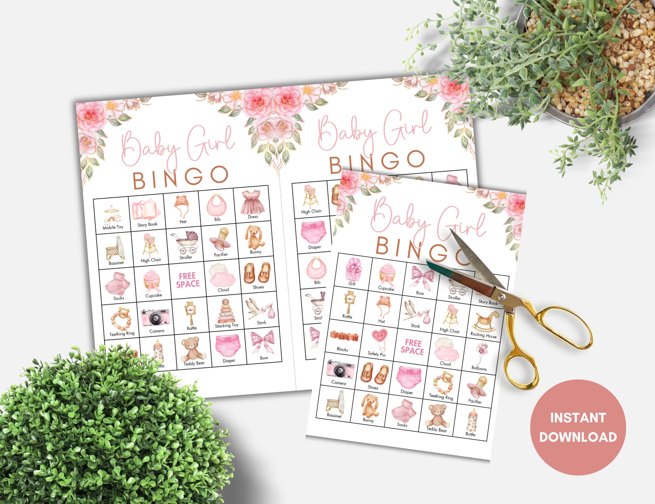 Girl Baby Bingo, Baby Shower Bingo, 50 Watercolor Pink Floral Bingo ...