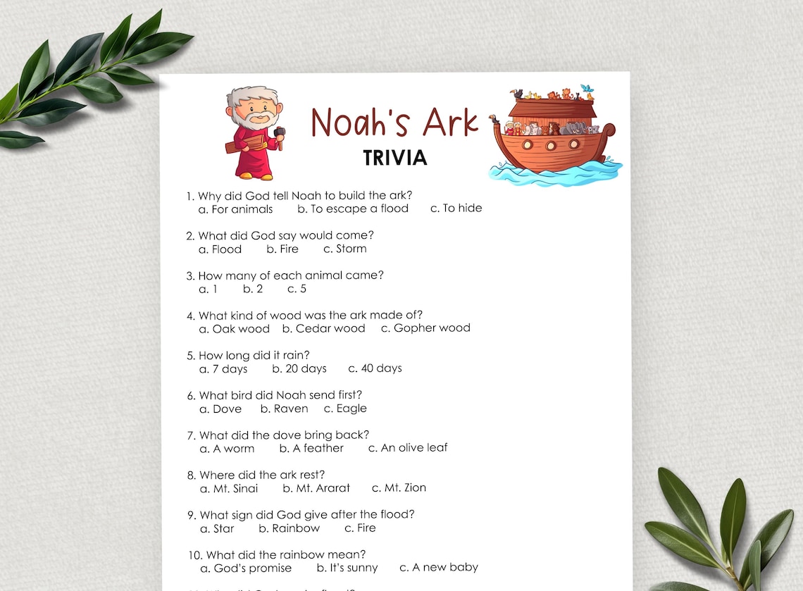 Noah's Ark, Printable Bible Story Trivia Game, Sunday School, Old ...