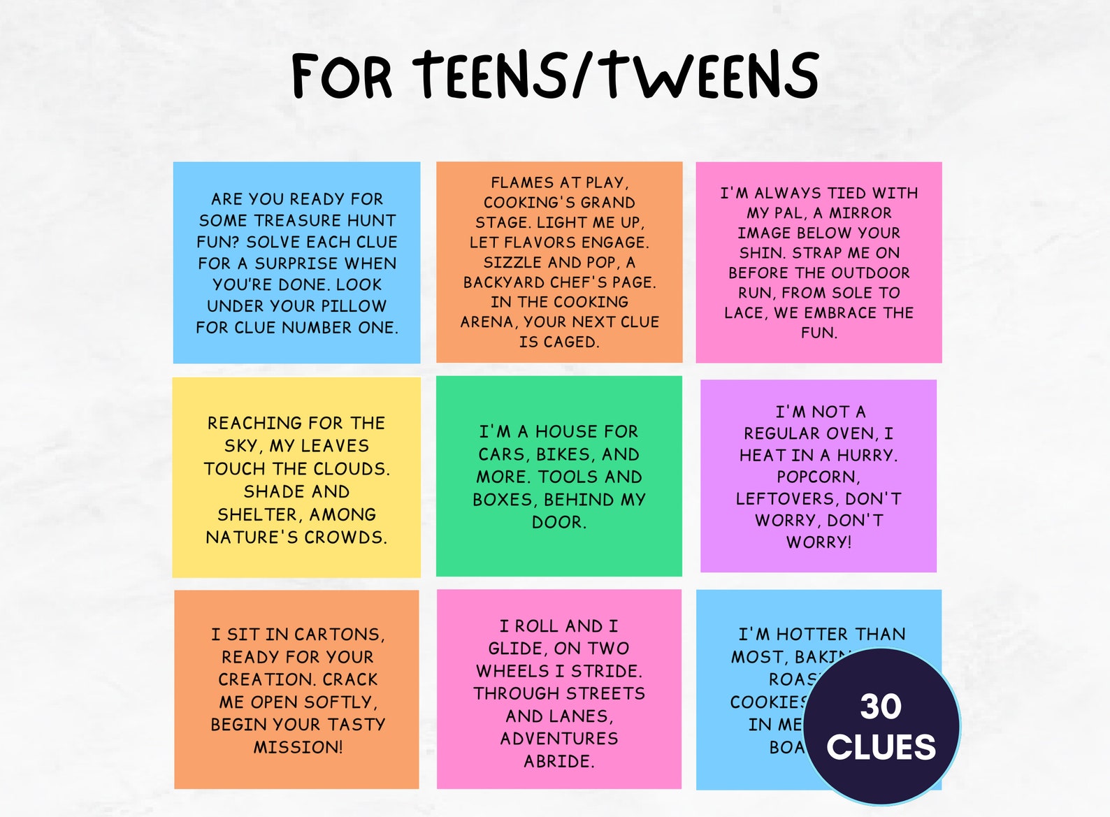 Indoor and Outdoor Scavenger Hunt, Teen and Tween Treasure Hunt Clues ...