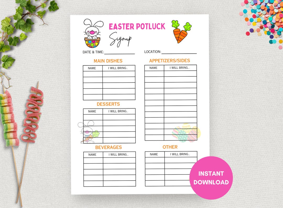 Easter Potluck Signup Sheet, Printable Easter Potluck Menu, Office ...