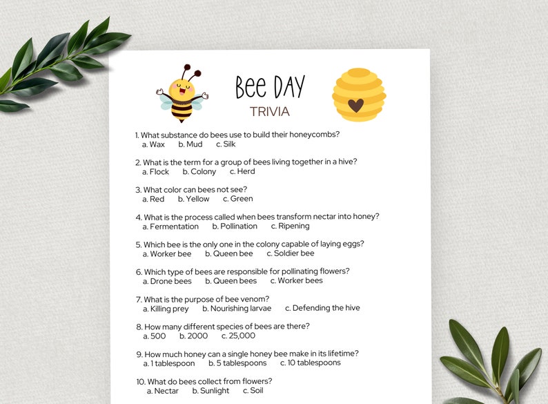 Bee Day Trivia, Fun Printable Party Game for Kids and Adults, Trivia ...