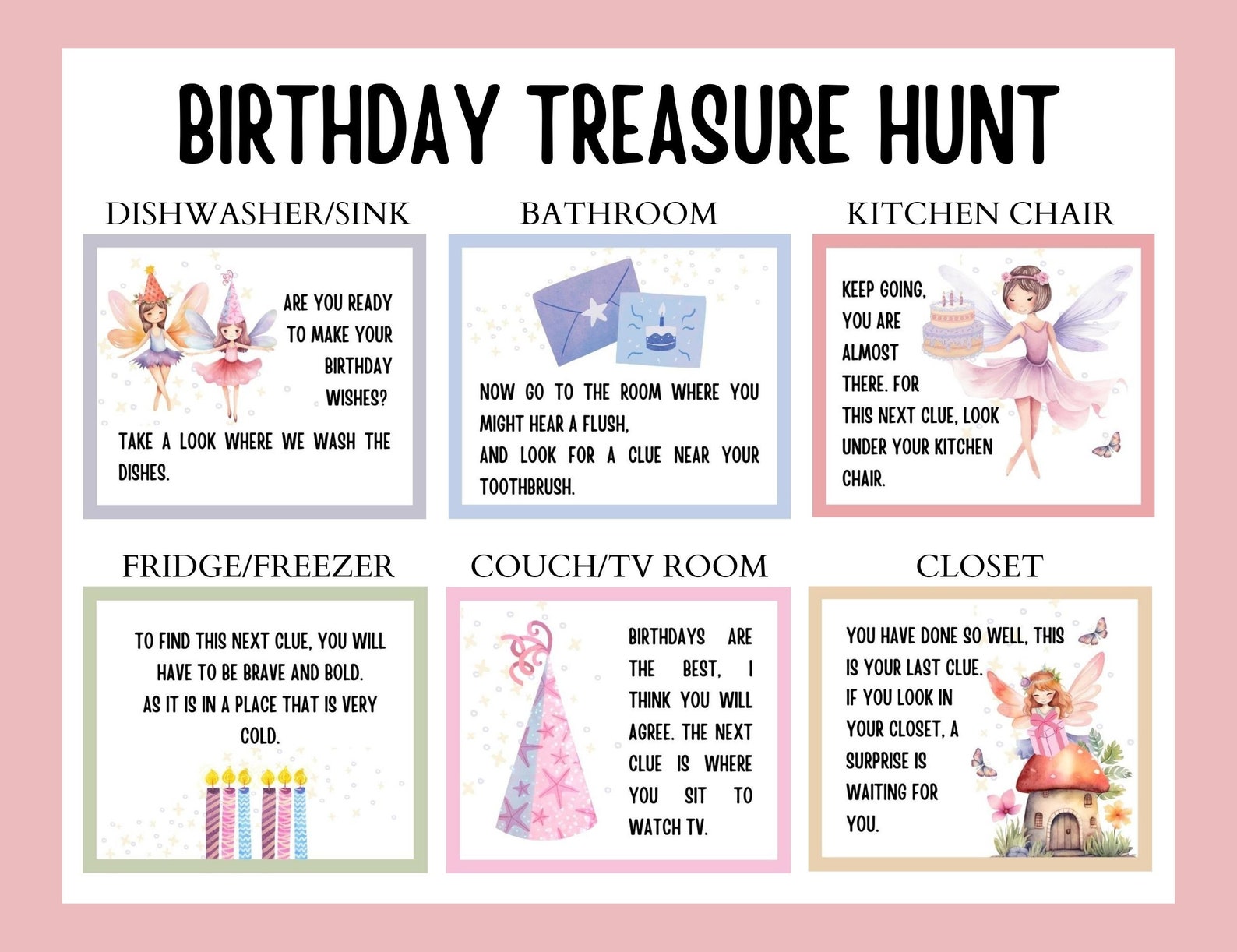 Fairy Birthday Scavenger Hunt for Kids, Indoor Treasure Hunt Clues ...