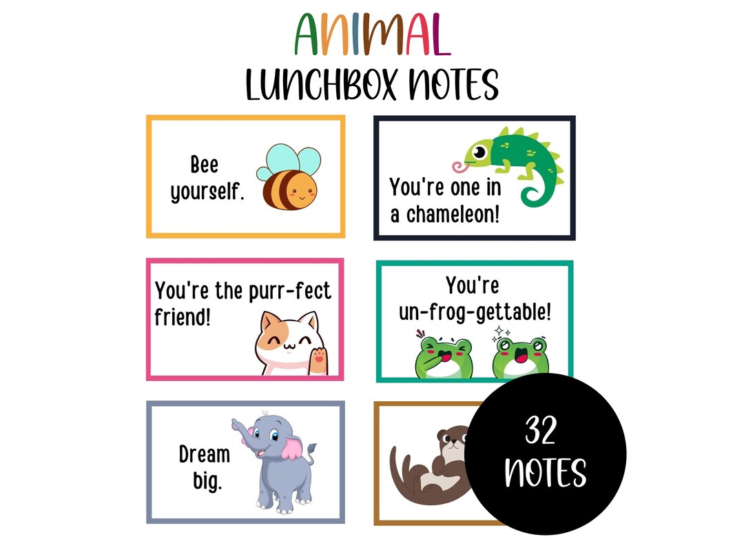 32 Animal Lunch Box Notes, Printable Positive Affirmation Cards for ...