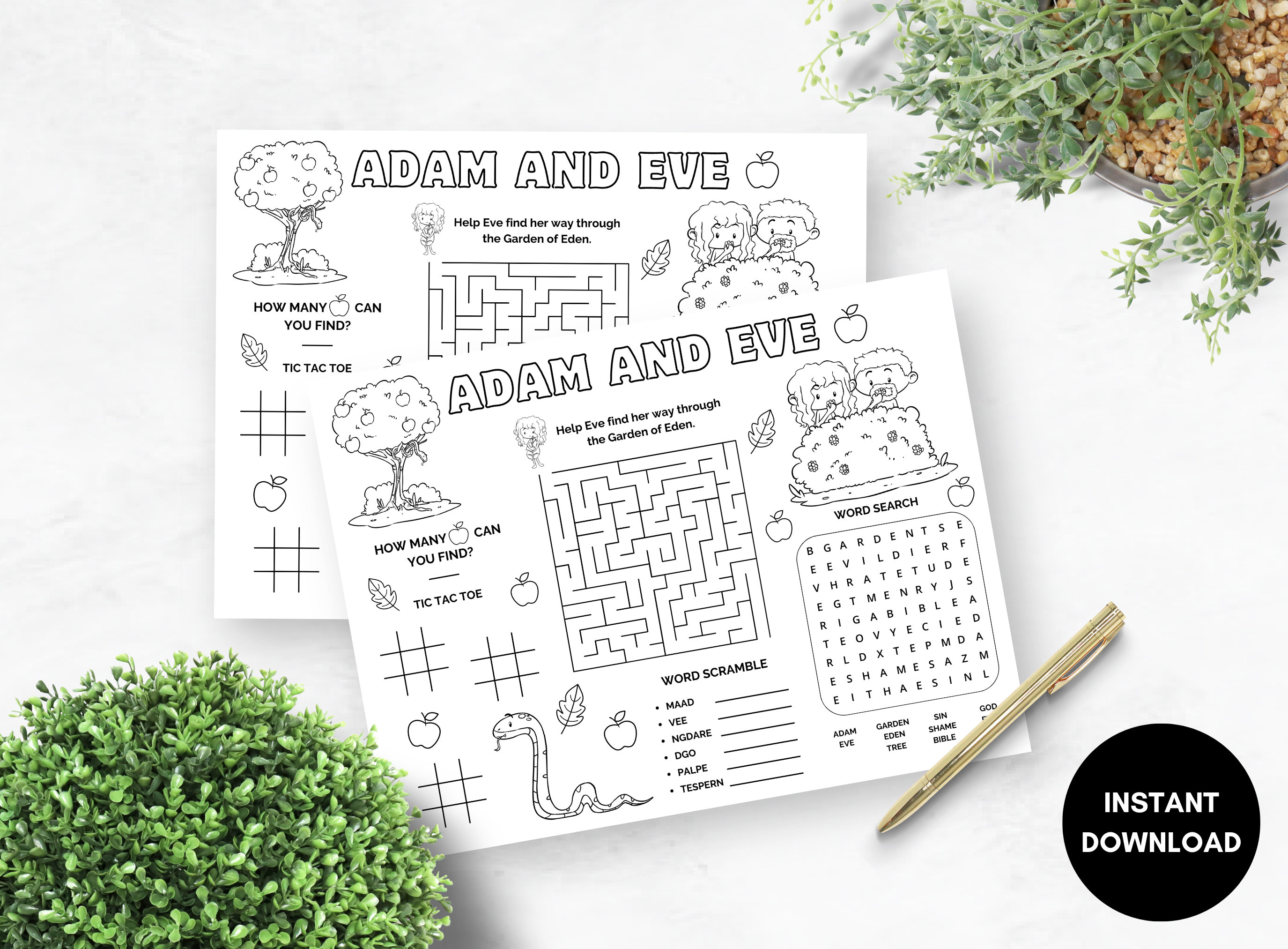 Adam and Eve, Printable Bible Activity Placemat, Sunday School, Kids ...