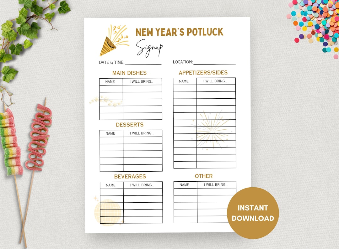New Years Potluck Signup Sheet, Printable New Years Eve Potluck Menu ...