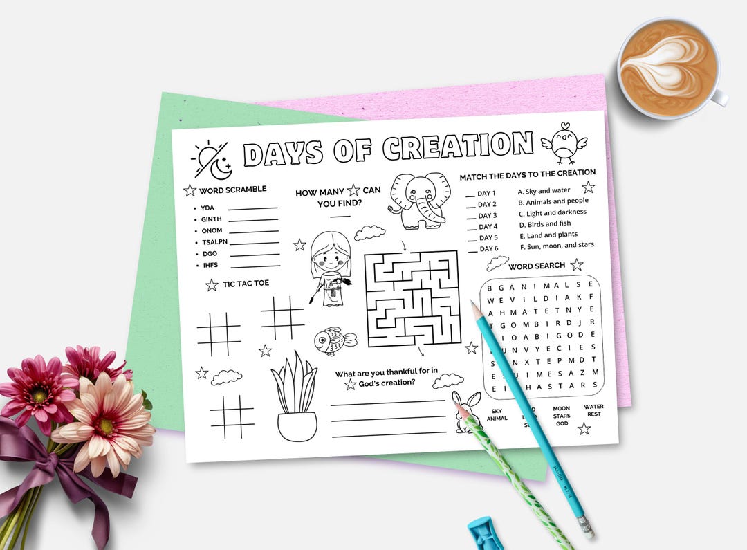 Days of Creation, Printable Bible Activity Placemat, Sunday School ...