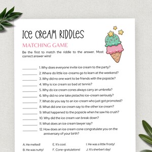 Ice Cream Riddles Matching Game, Fun Ice Cream Birthday Party Game for ...