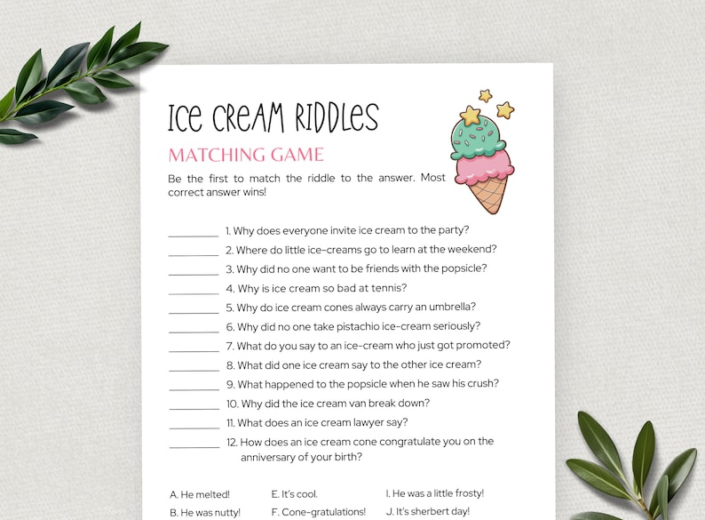 Ice Cream Riddles Matching Game, Fun Ice Cream Birthday Party Game for ...