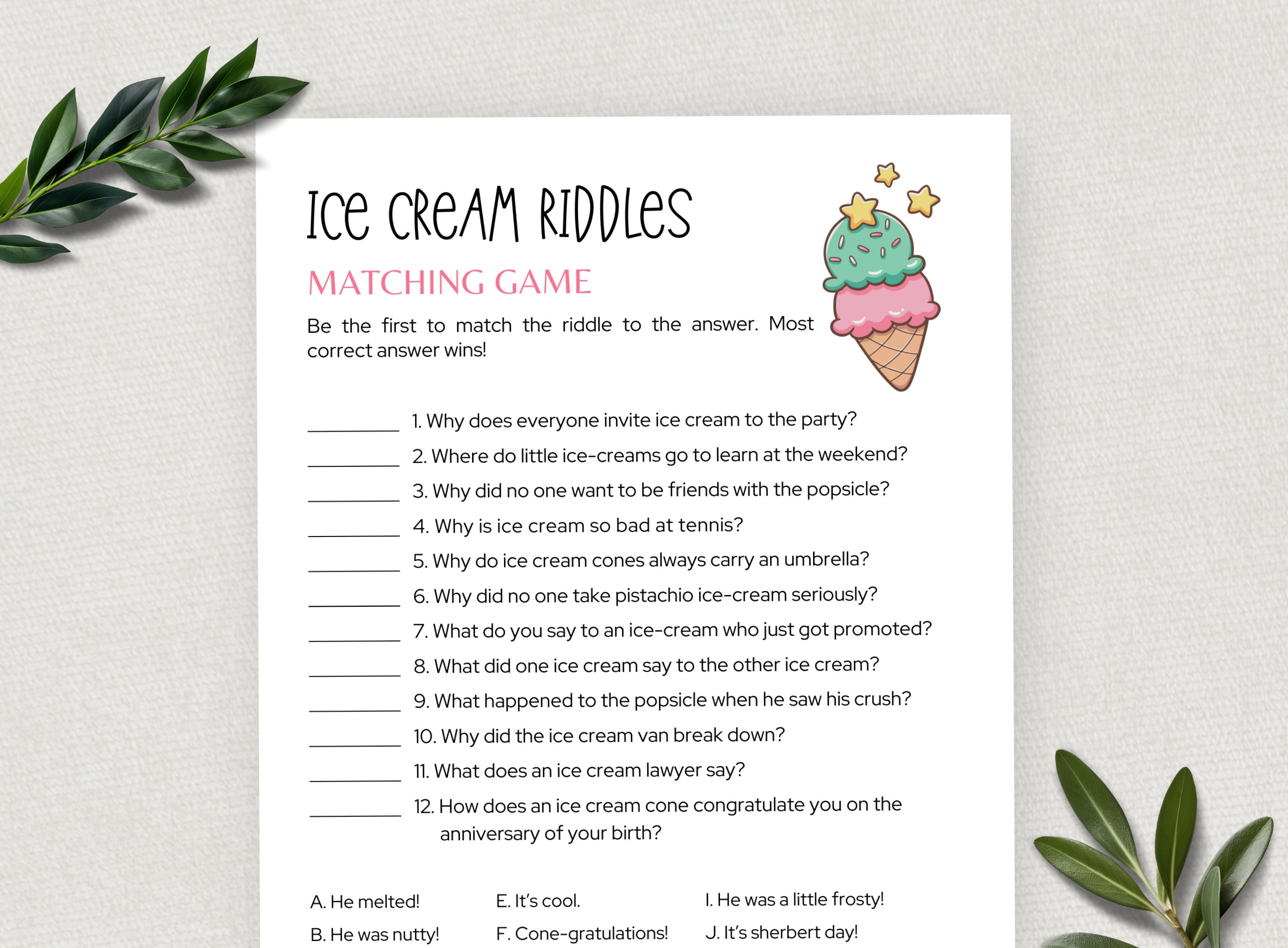 Ice Cream Riddles Matching Game, Fun Ice Cream Birthday Party Game for ...
