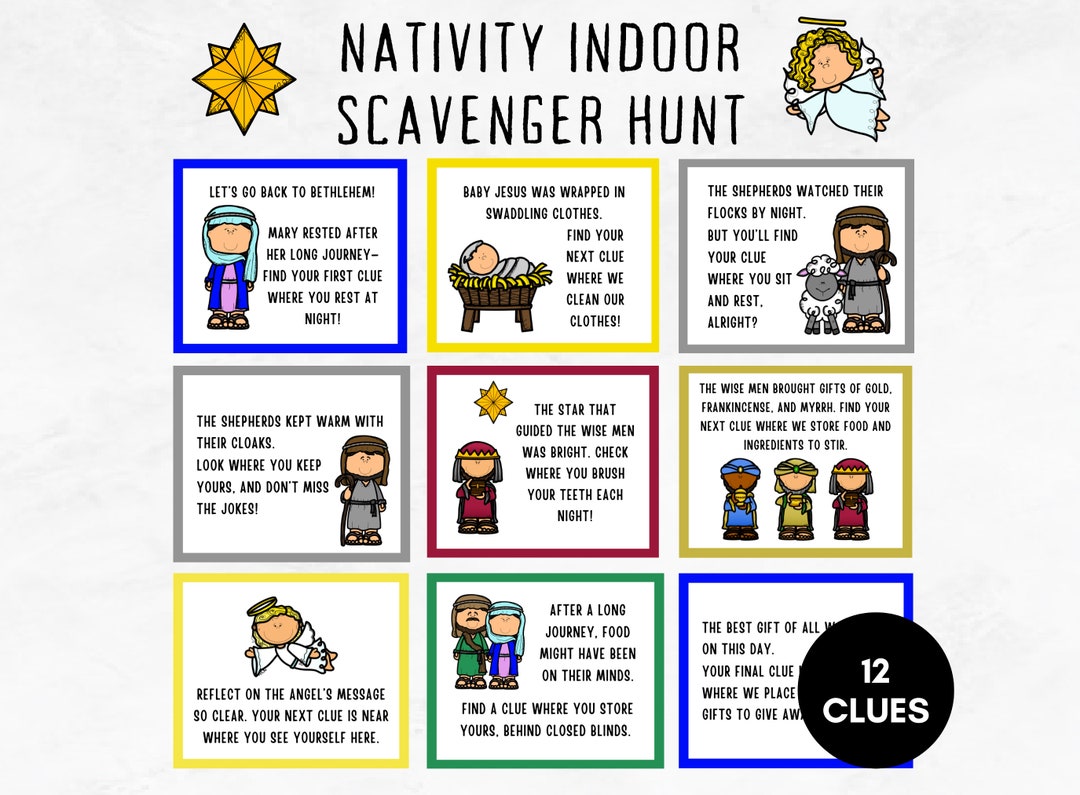 Nativity Scavenger Hunt, Printable Indoor Treasure Hunt Clues, Bible ...