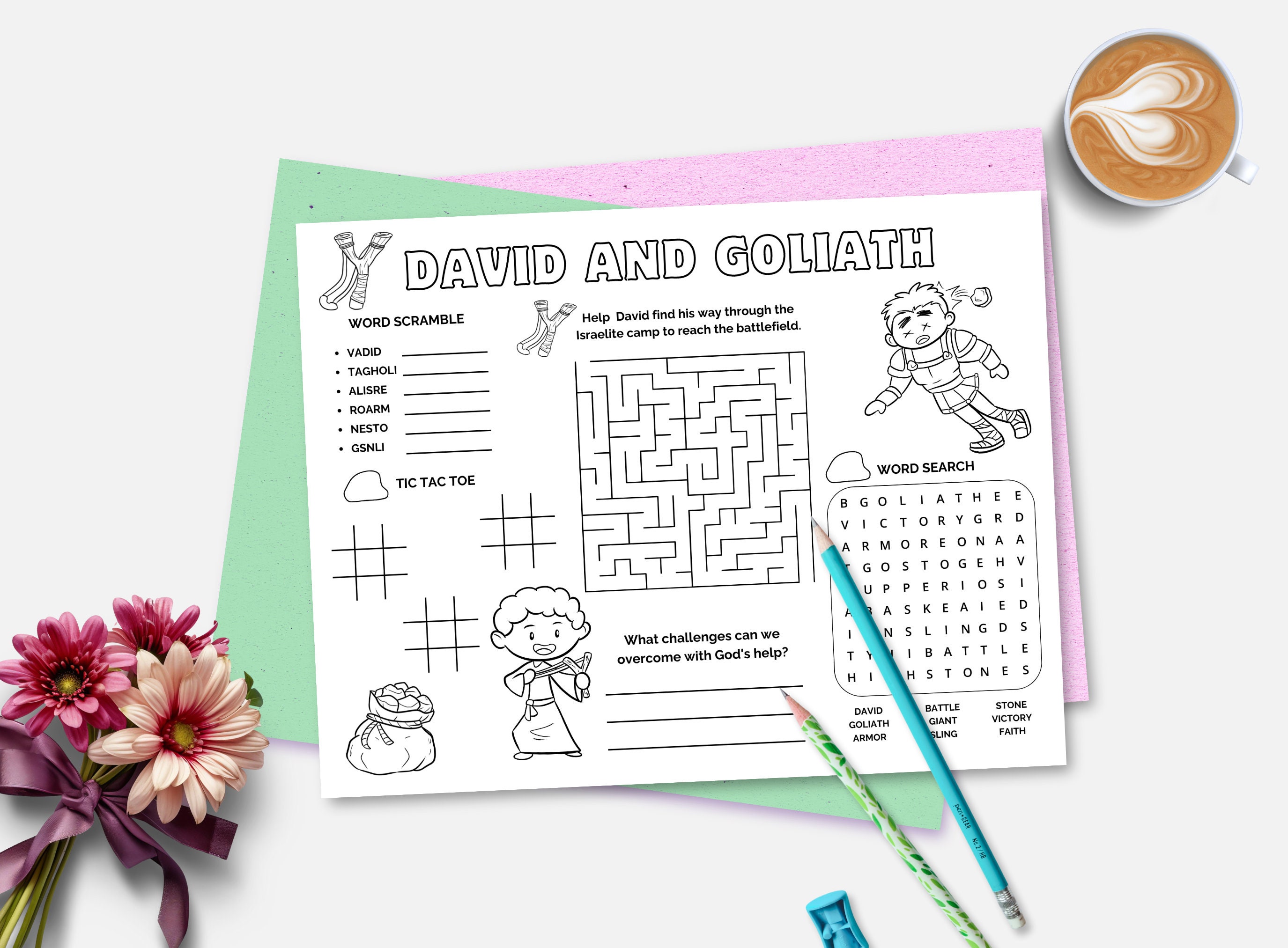 David and Goliath, Printable Bible Activity Placemat, Sunday School ...
